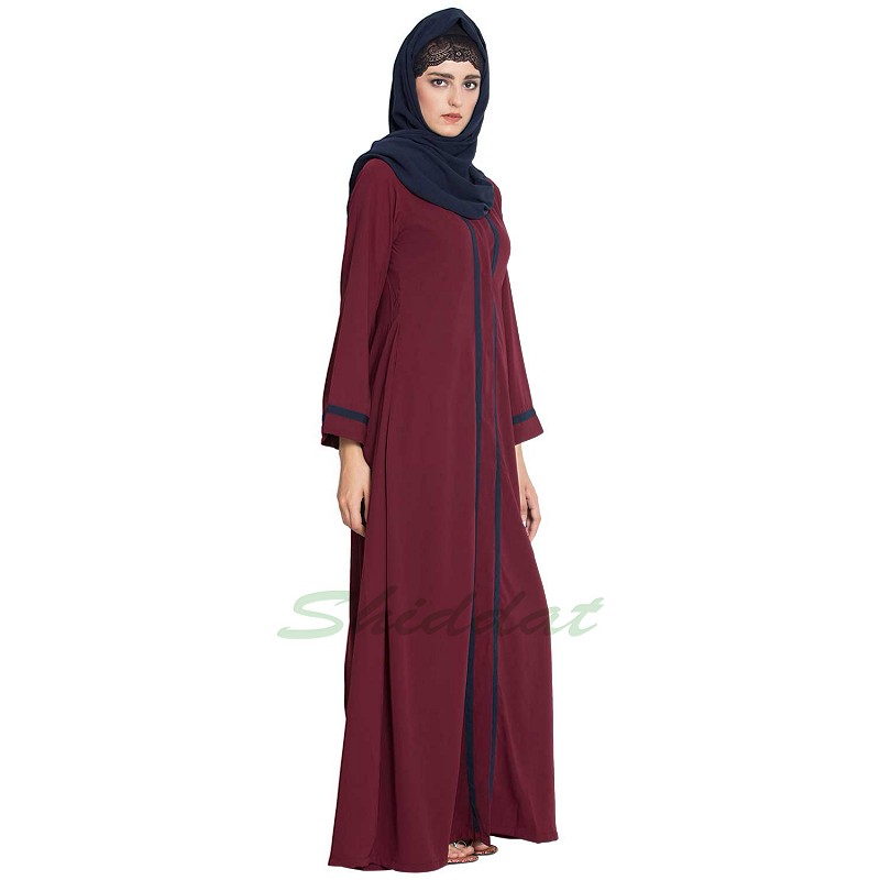 Abaya online- Buy maroon color Islamic front open abaya made from Nida ...